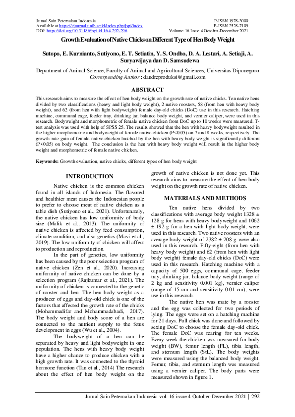 (PDF) Growth Evaluation of Native Chicken on Different Type of Hen Body ...