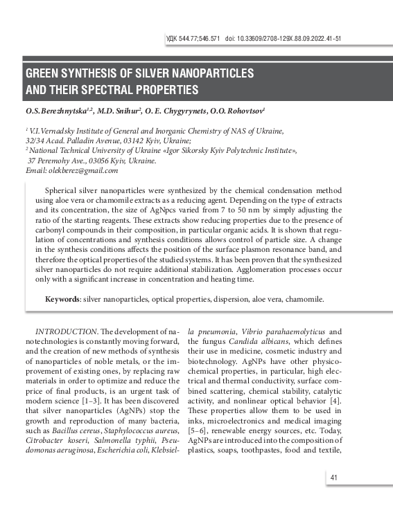 (PDF) Green Synthesis of Silver Nanoparticles and Their Spectral Properties
