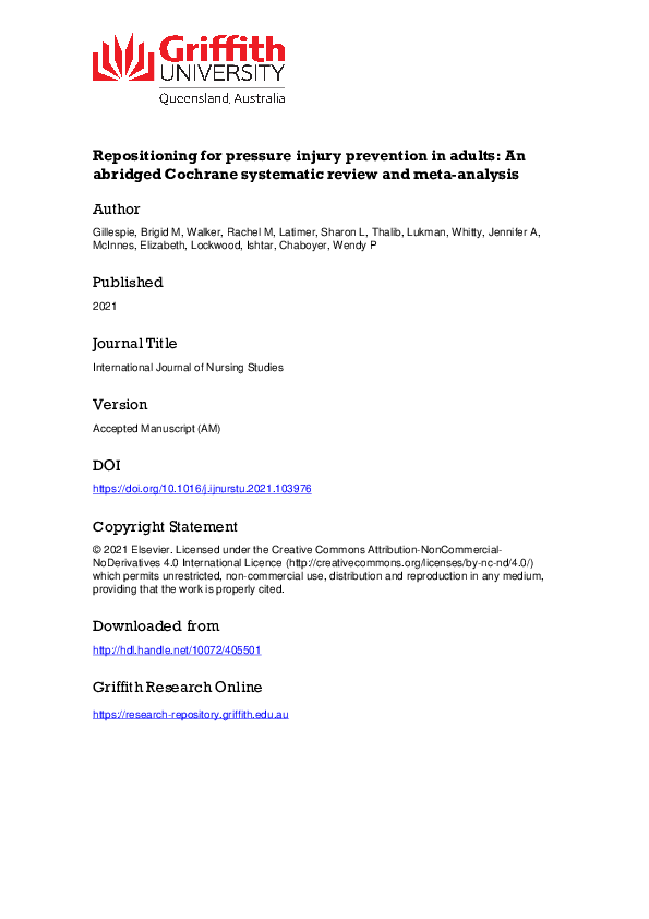 (PDF) Repositioning for pressure injury prevention in adults: An ...