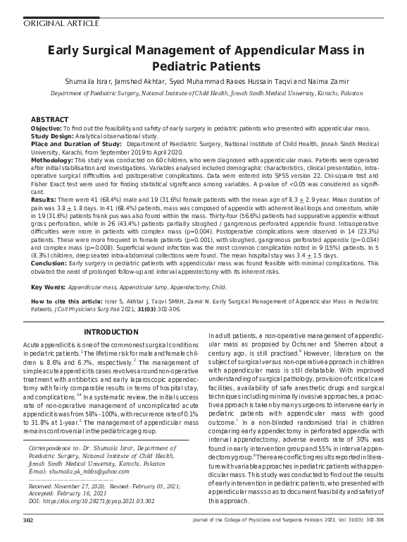 (PDF) Early Surgical Management of Appendicular Mass in Pediatric Patients