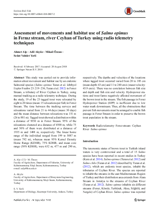 (PDF) Assessment of movements and habitat use of Salmo opimus in Fırnız stream, river Ceyhan of ...