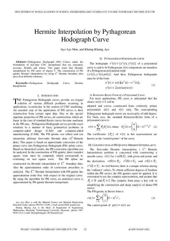 (PDF) Hermite Interpolation by Pythagorean Hodograph Curve