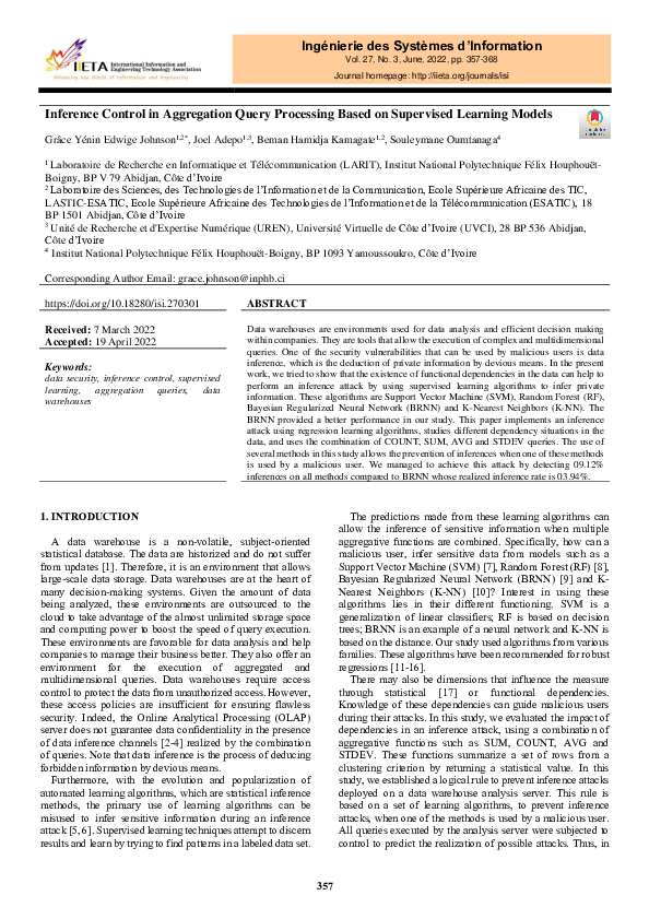 (PDF) Inference Control in Aggregation Query Processing Based on Supervised Learning Models