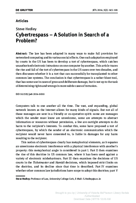 (PDF) Cybertrespass – A Solution in Search of a Problem?