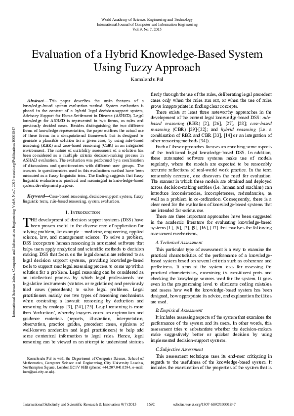 (PDF) Evaluation Of A Hybrid Knowledge-Based System Using Fuzzy Approach