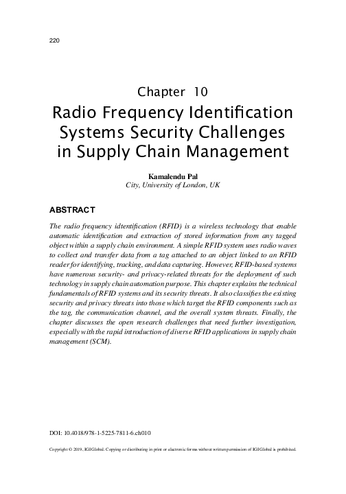 (PDF) Radio Frequency Identification Systems Security Challenges in Supply Chain Management