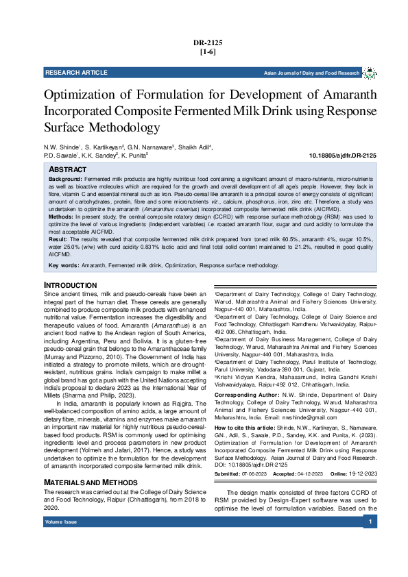 (PDF) Optimization of Formulation for Development of Amaranth Incorporated Composite Fermented ...
