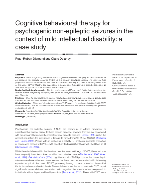 (PDF) Cognitive behavioural therapy for psychogenic non-epileptic seizures in the context of ...