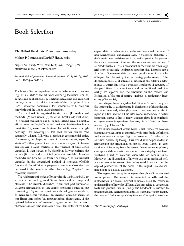 (PDF) The Oxford handbook of economic forecasting