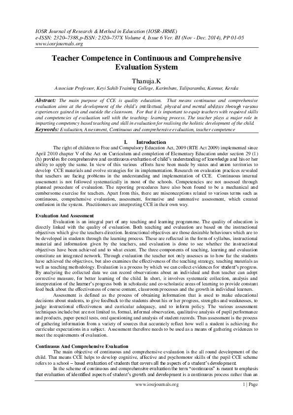 (PDF) Teacher Competence in Continuous and Comprehensive Evaluation System | k thanuja ...