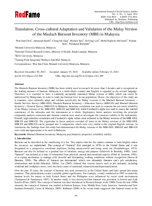 Translation, Cross-cultural Adaptation and Validation of the Malay Version of the Maslach ...