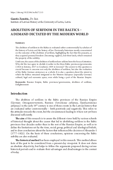 (PDF) Abolition of Serfdom in the Baltics – a Demand Dictated by the ...
