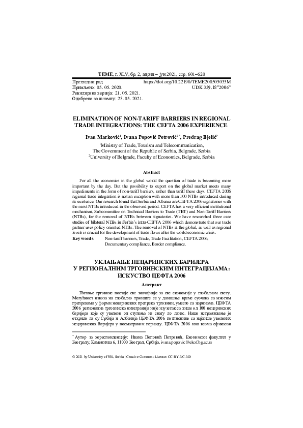 (PDF) Elimination of Non-Tariff Barriers in Regional Trade Integrations: The Cefta 2006 Experience