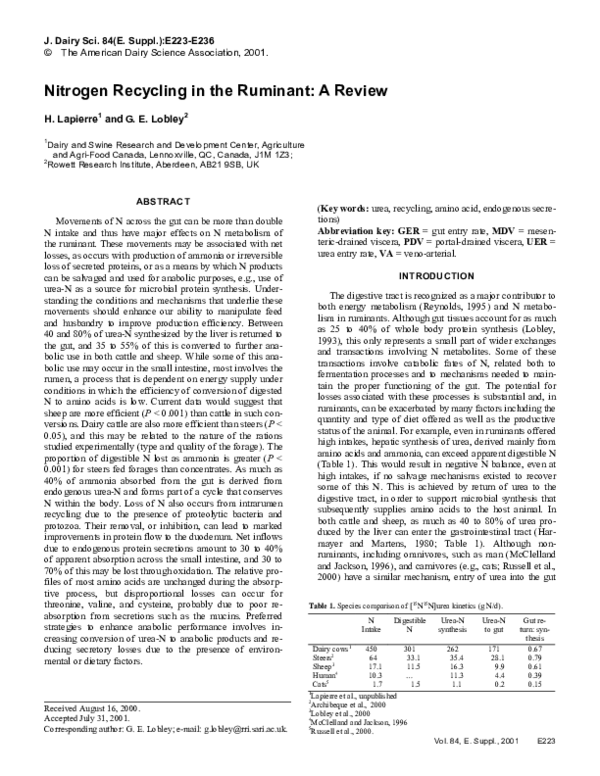 (PDF) Nitrogen Recycling in the Ruminant: A Review