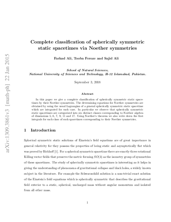 Pdf Complete Classification Of Spherically Symmetric Static Space Times Via Noether Symmetries