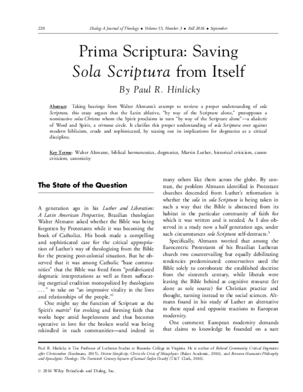 (PDF) Prima Scriptura: Saving Sola Scriptura from Itself
