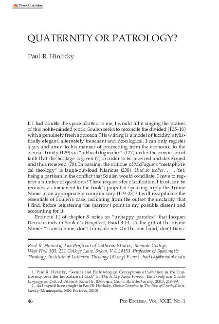 (PDF) Quaternity or Patrology? | Paul Hinlicky - Academia.edu