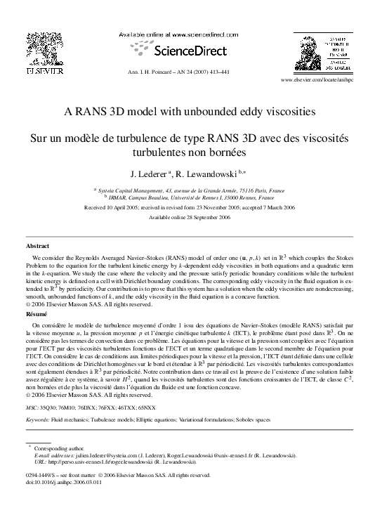 (PDF) A RANS 3D model with unbounded eddy viscosities | Julien Lederer - Academia.edu
