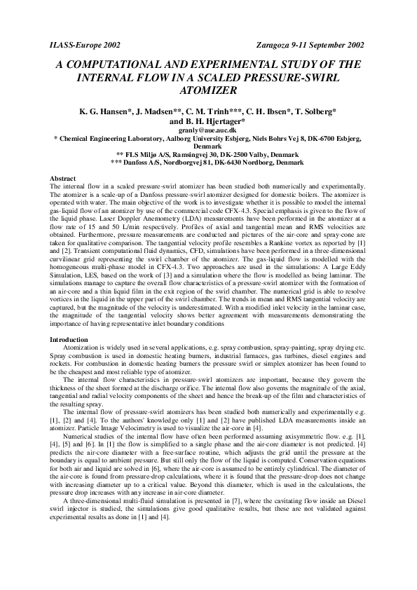 (PDF) A Computational and Experimental Study of the Internal Flow in a Scaled Pressure- Swirl ...