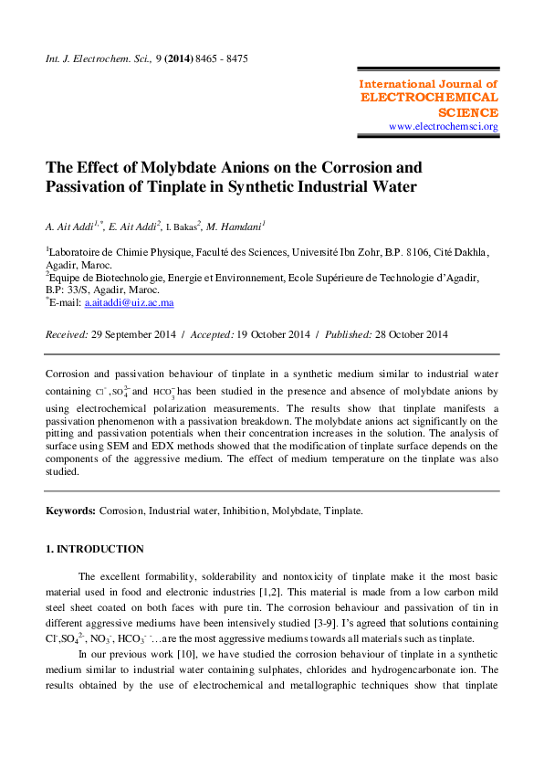 (PDF) The Effect of Molybdate Anions on the Corrosion and Passivation ...