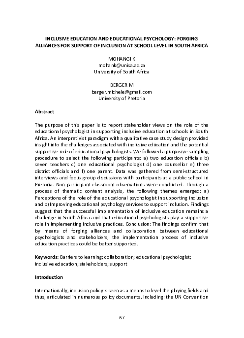 (PDF) Inclusive education and educational psychology : forging ...