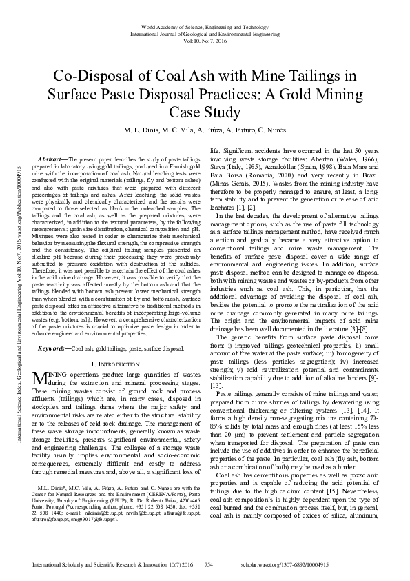 (PDF) Co-Disposal Of Coal Ash With Mine Tailings In Surface Paste Disposal Practices: A Gold ...