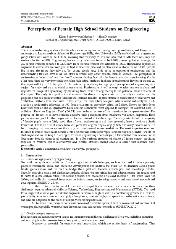 (PDF) Perceptions of Female High School Students on Engineering