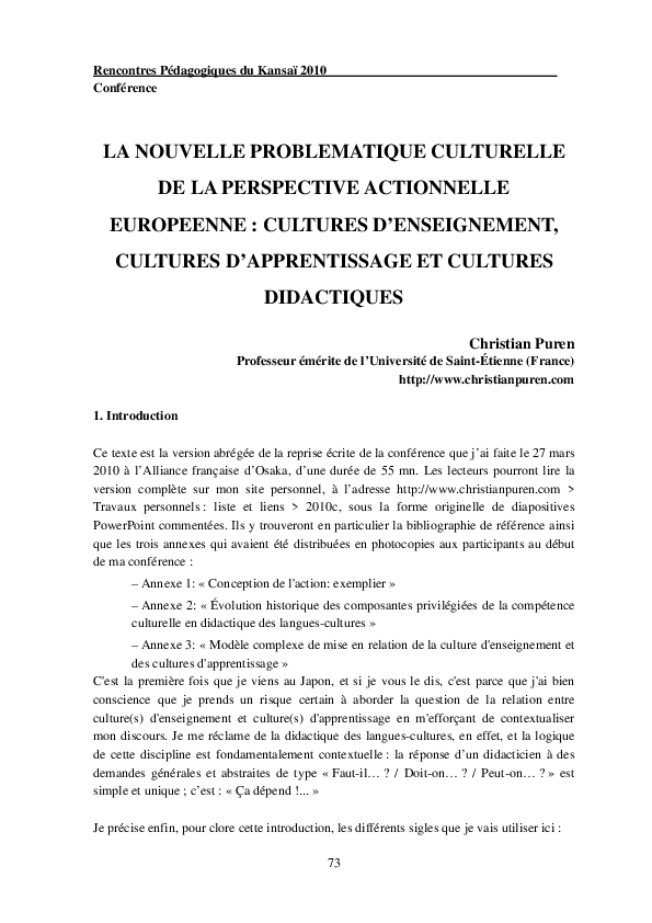 (PDF) Conference LA NOUVELLE PROBLEMATIQUE CULTURELLE DE LA PERSPECTIVE ACTIONNELLE EUROPEENNE ...