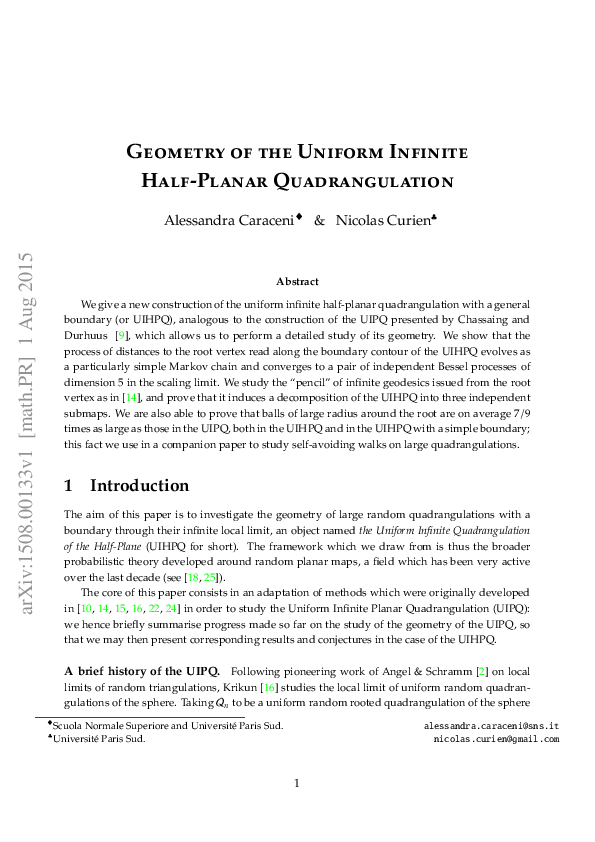 (PDF) Geometry of the uniform infinite half‐planar quadrangulation
