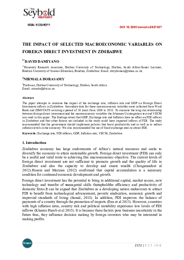 (PDF) The Impact of Selected Macroeconomic Variables on Foreign Direct Investment in Zimbabwe