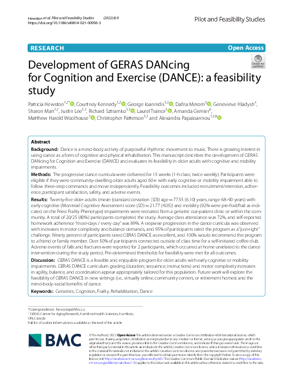 (PDF) Development of GERAS DANcing for Cognition and Exercise (DANCE): a feasibility study
