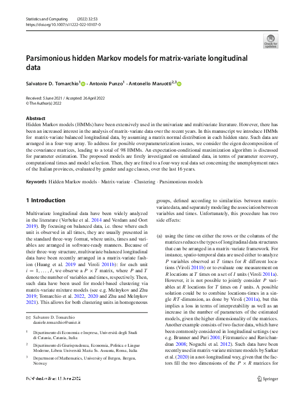 Pdf Parsimonious Hidden Markov Models For Matrix Variate Longitudinal Data