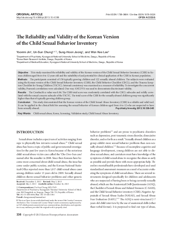 (PDF) The Reliability and Validity of the Korean Version of the Child Sexual Behavior Inventory