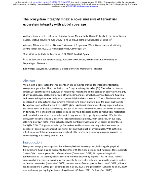 (PDF) The Ecosystem Integrity Index: a novel measure of terrestrial ...