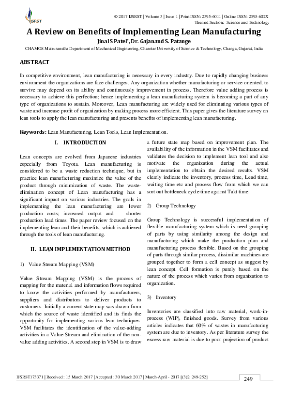 (PDF) A review on benefits of implementing lean manufacturing
