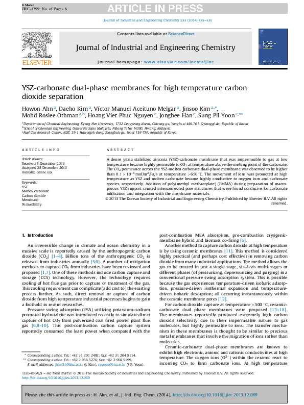 (PDF) YSZ-carbonate dual-phase membranes for high temperature carbon dioxide separation | Daeho ...