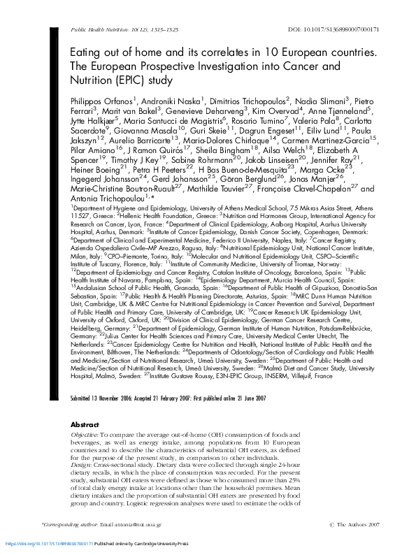 (PDF) Eating out of home and its correlates in 10 European countries ...