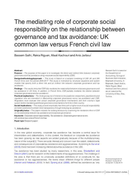 (PDF) The mediating role of corporate social responsibility in corporate governance and firm ...