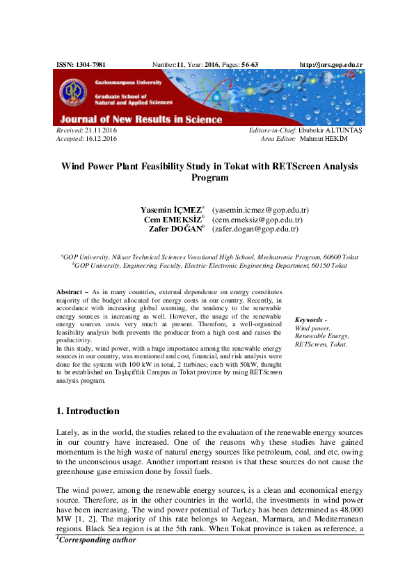 (PDF) Wind Power Plant Feasibility Study in Tokat with RETScreen ...
