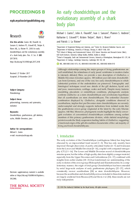 (PDF) An early chondrichthyan and the evolutionary assembly of a shark ...