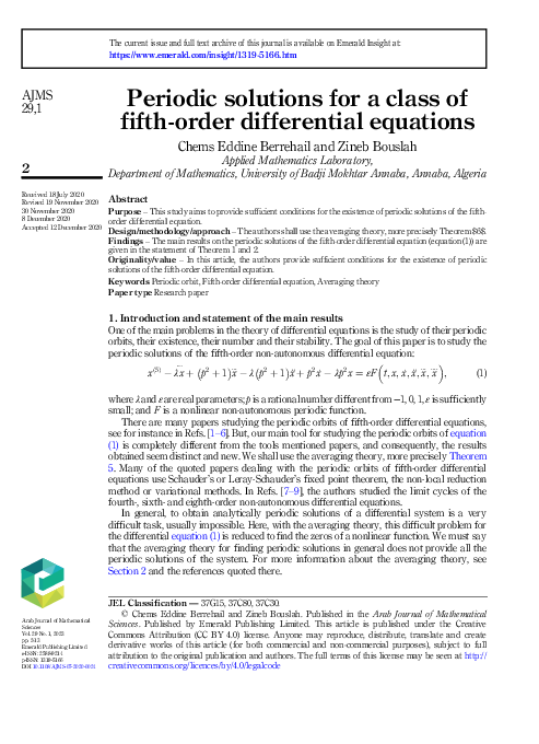 (PDF) Periodic solutions for a class of fifth-order differential equations