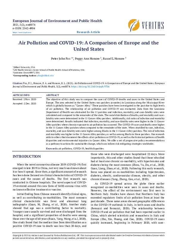 (PDF) Air Pollution and COVID-19: A Comparison of Europe and the United ...