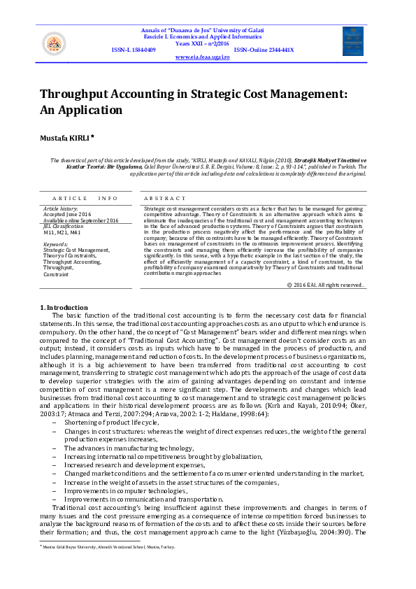 (PDF) Throughput Accounting in Strategic Cost Management: An Application