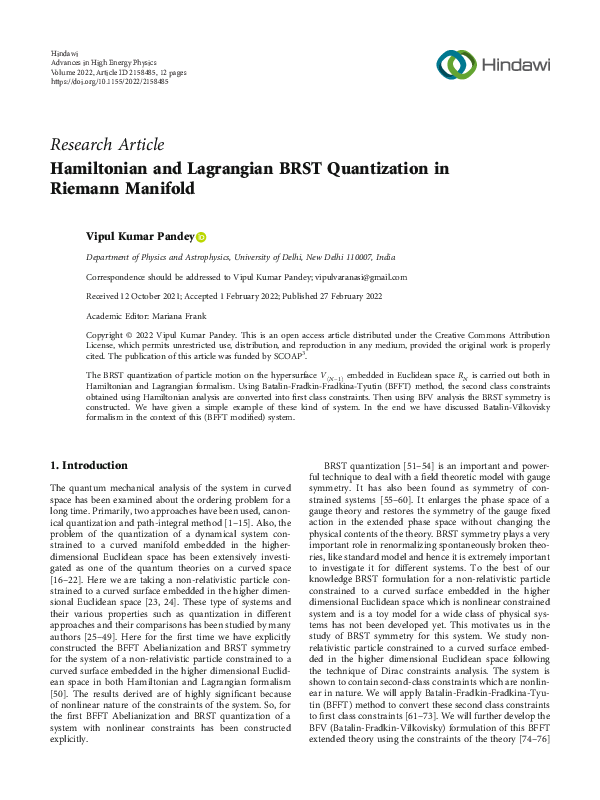 (PDF) Hamiltonian and Lagrangian BRST Quantization in Riemann Manifold