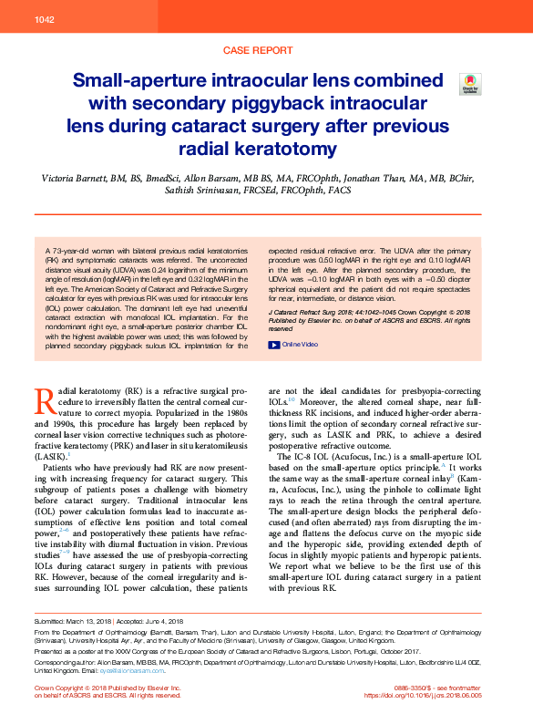 (PDF) Small-aperture intraocular lens combined with secondary piggyback ...
