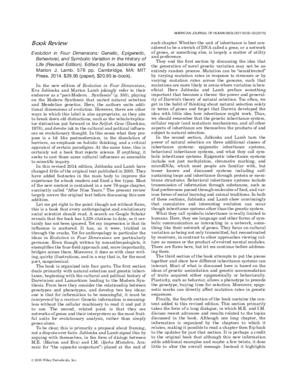 (PDF) Evolution in Four Dimensions: Genetic, Epigenetic, Behavioral ...