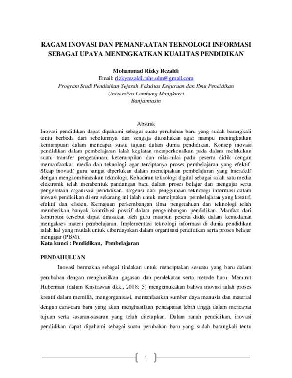 (PDF) Ragam Inovasi Dan Pemanfaatan Teknologi Sebagai Upaya Meningkatkan Kualitas Pendidikan