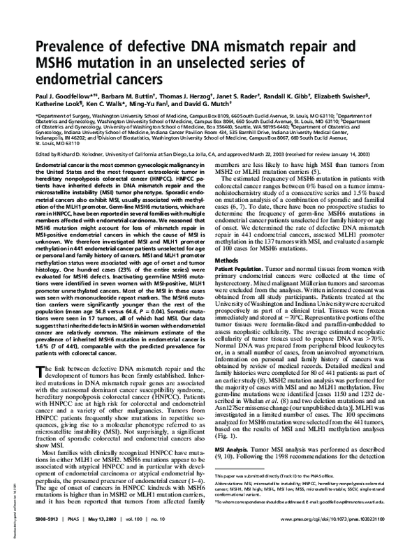 (PDF) Prevalence of defective DNA mismatch repair and MSH6 mutation in an unselected series of ...