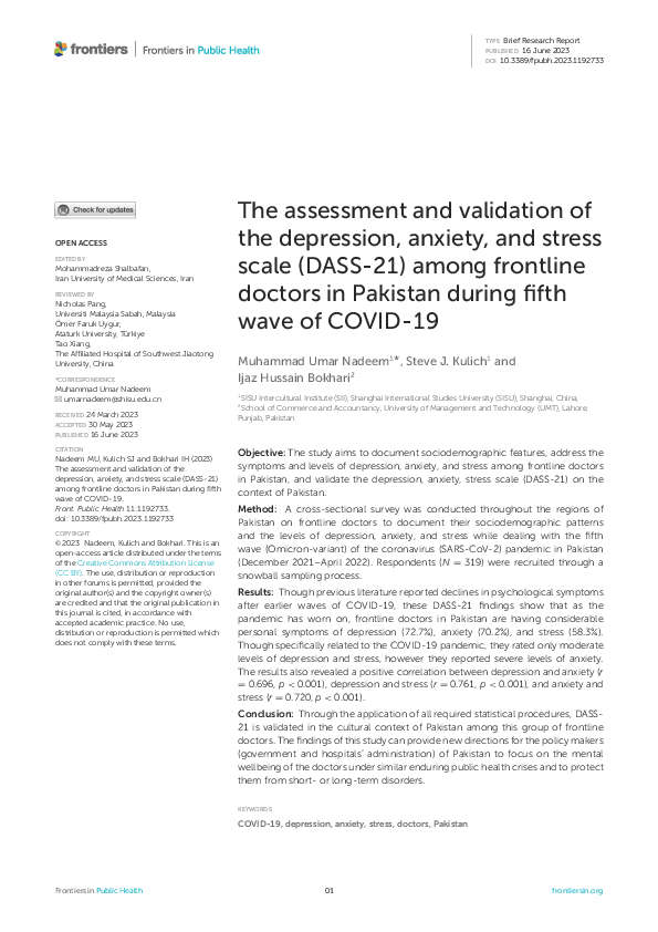 (PDF) The assessment and validation of the depression, anxiety, and ...