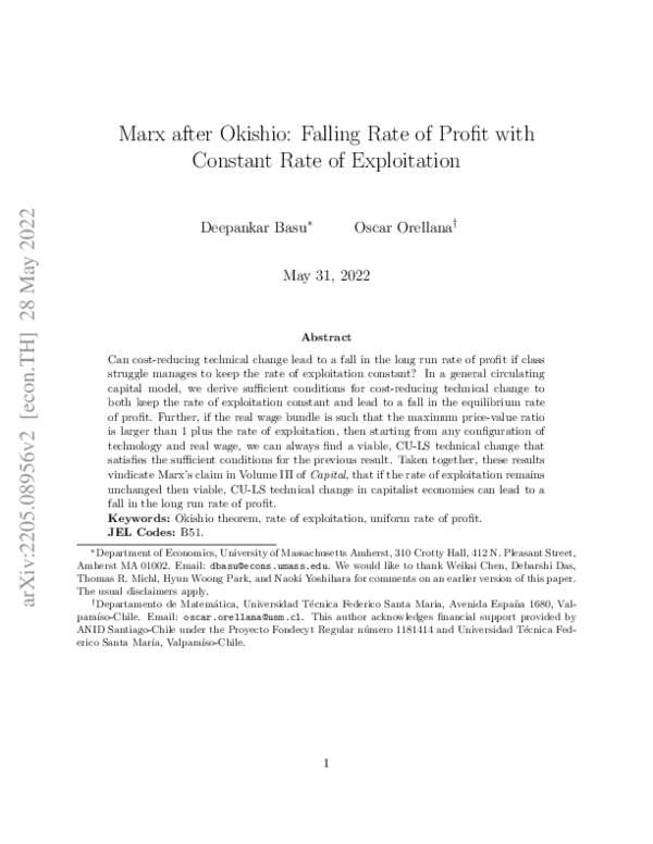 (PDF) Marx after Okishio: Falling Rate of Profit with Constant Rate of ...